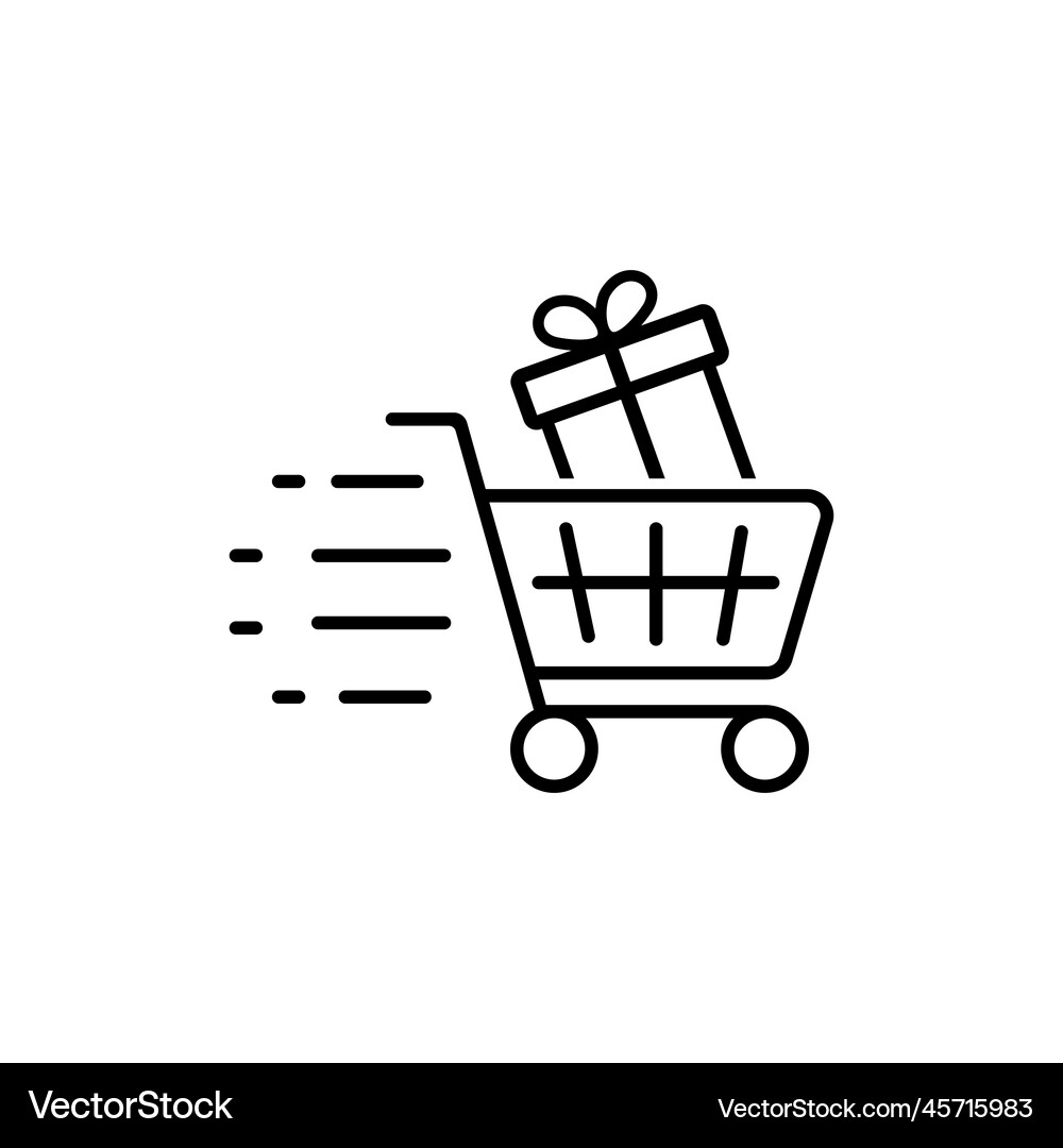 Shopping cart with gift box line icon present Vector Image