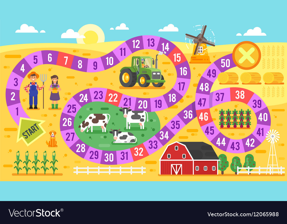 Flat style kids farm board game template Vector Image Flat style kids farm board game template Vector Image