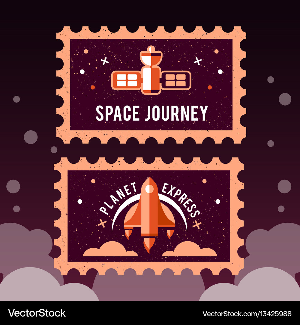 Post stamp with rocket in the space and flat stamp