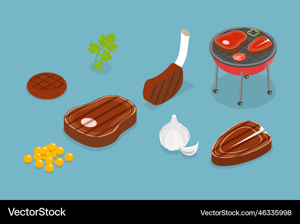 3d isometric flat set of beef steaks Royalty Free Vector