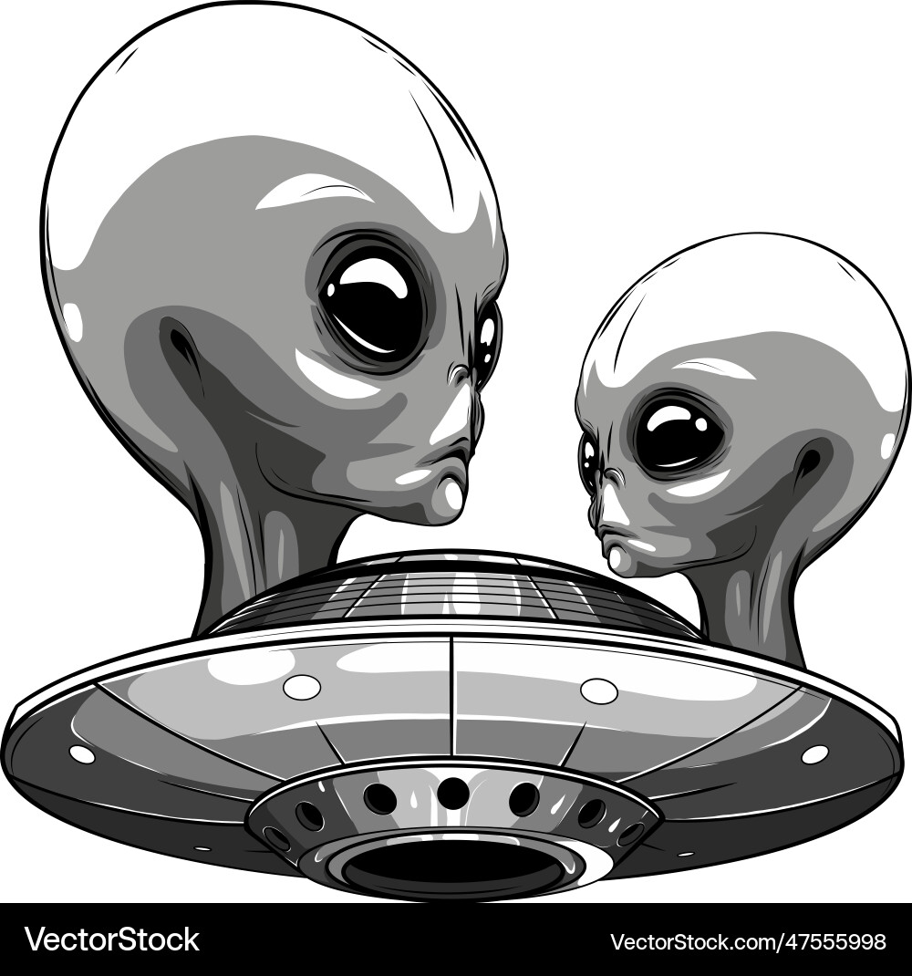 Monochrome spaceship ufo with alien grey head Vector Image