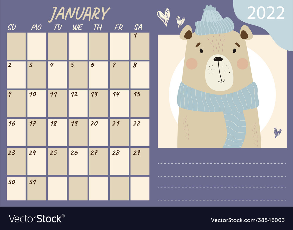 Horizontal calendar template for january 2022 Vector Image