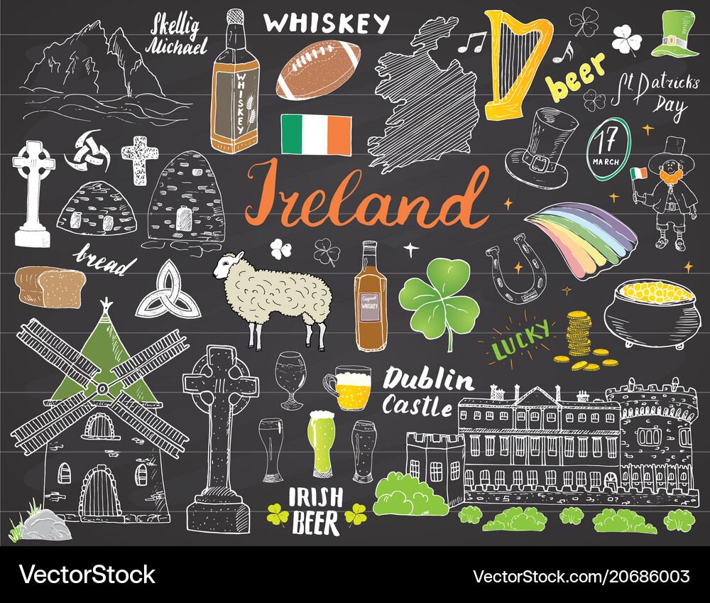 Ireland sketch doodles hand drawn irish elements Vector Image