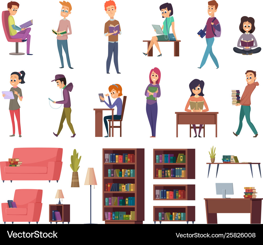 Students with books people in library reading in Vector Image