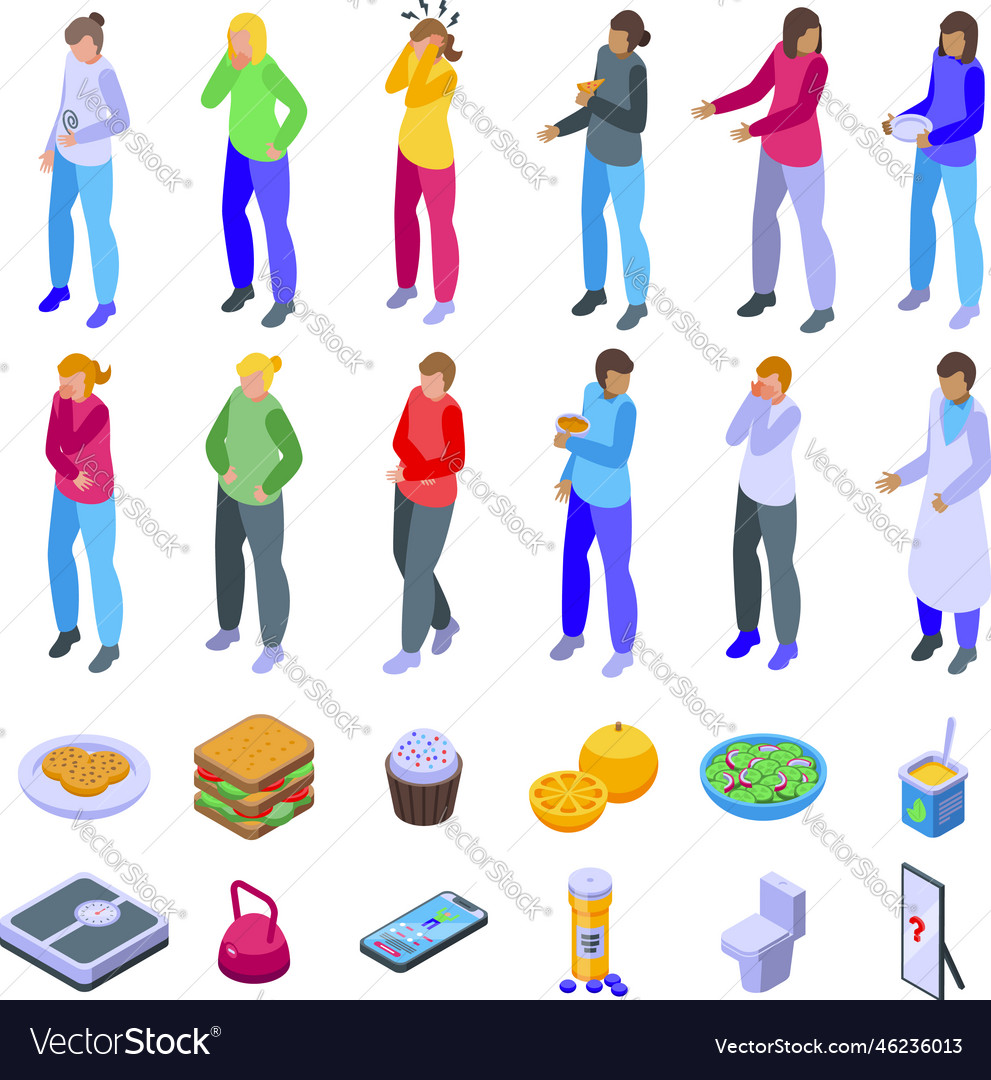 Bulimia icons set isometric fat weight Royalty Free Vector
