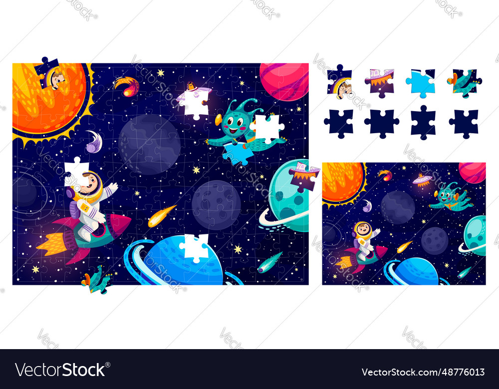 Cartoon alien astronaut and space jigsaw puzzle Vector Image