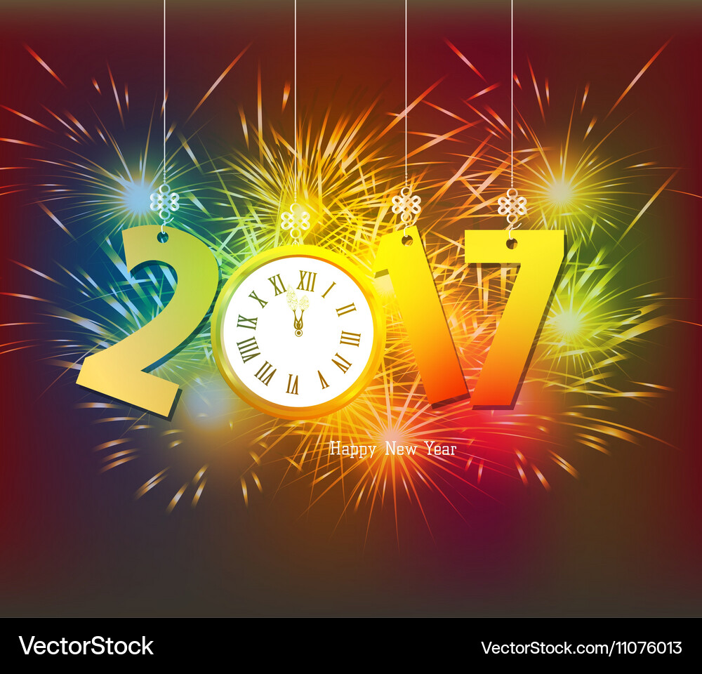 Happy new year 2017 clock and fireworks colorful Vector Image