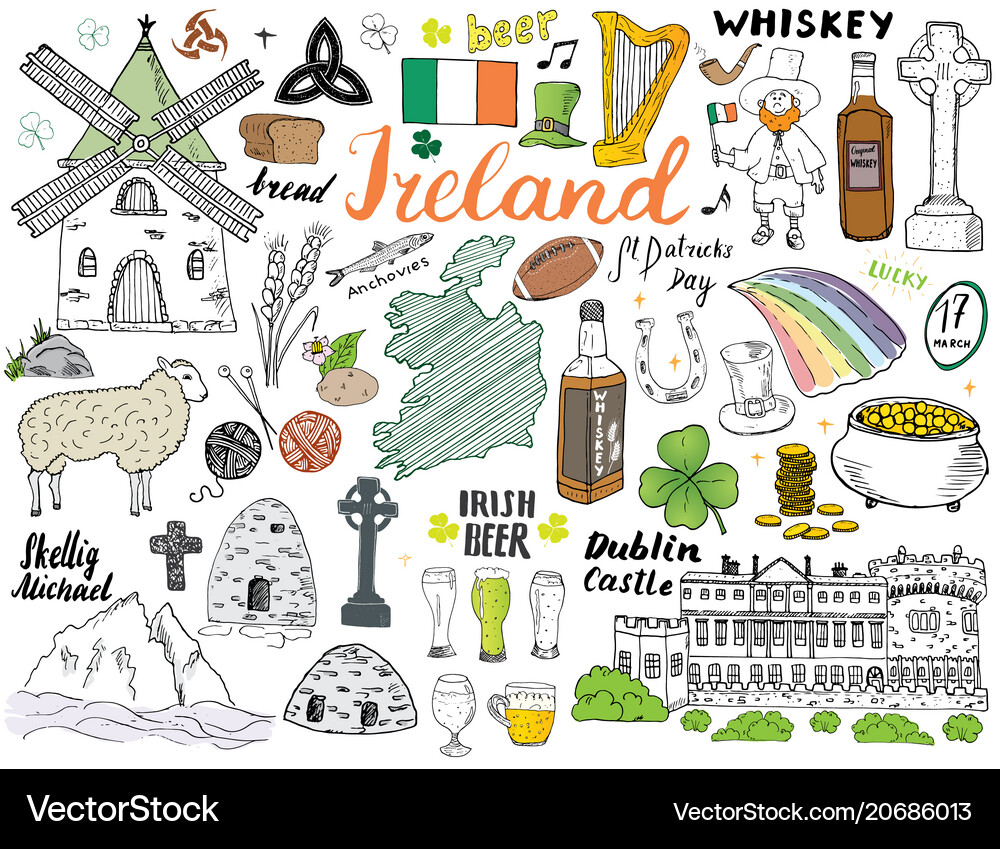 Ireland sketch doodles hand drawn irish elements Vector Image