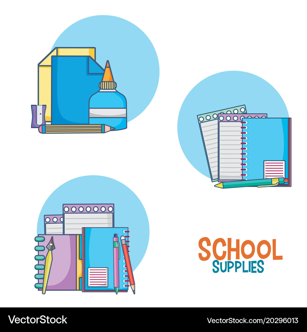 School supplies cartoons Royalty Free Vector Image