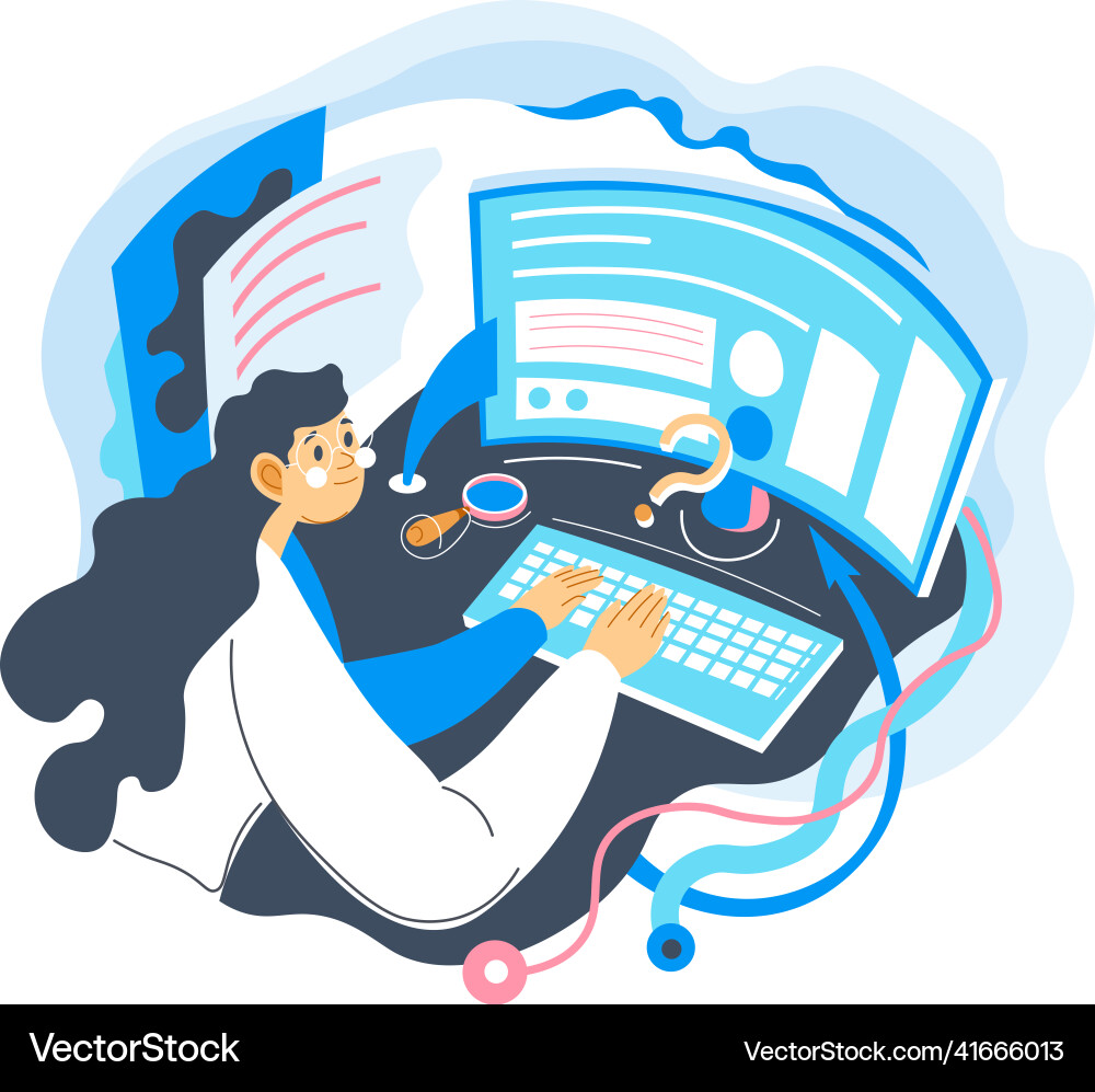 Scientist doing experiment or researches on laptop