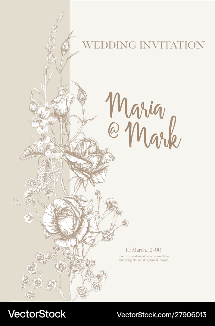 Wedding invitation with roses and spring flowers Vector Image