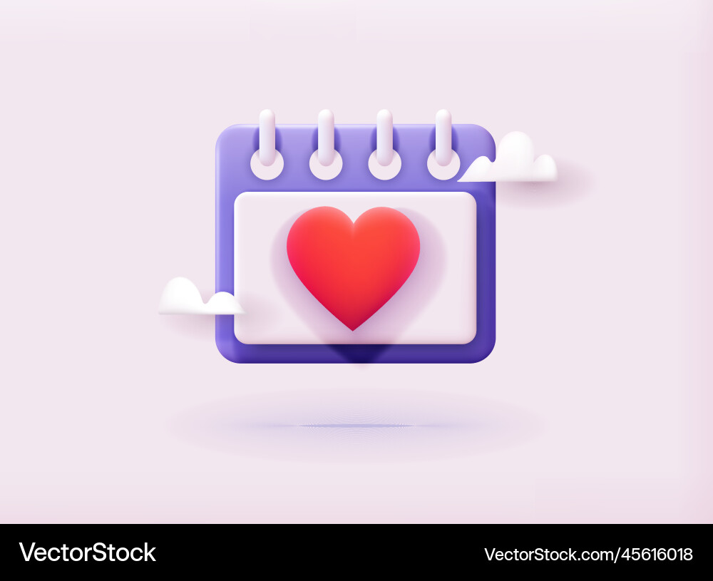 Calendar icon with red heart notes reminder 3d Vector Image
