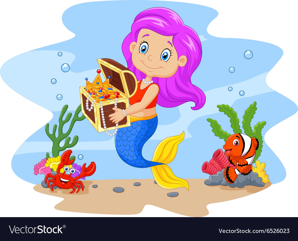 Cartoon funny mermaid holding treasure chest Vector Image
