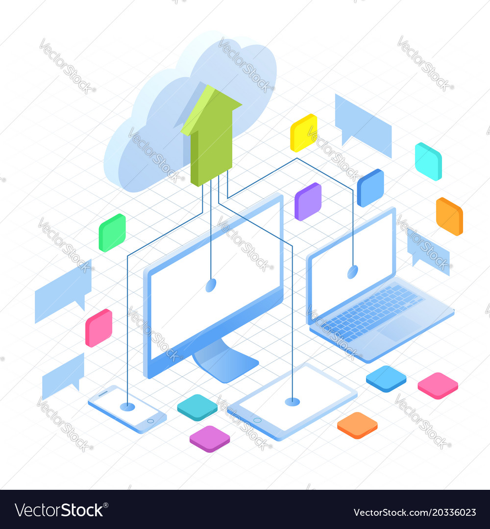 Isometric Cloud Computing Concept In Outline Vector Image