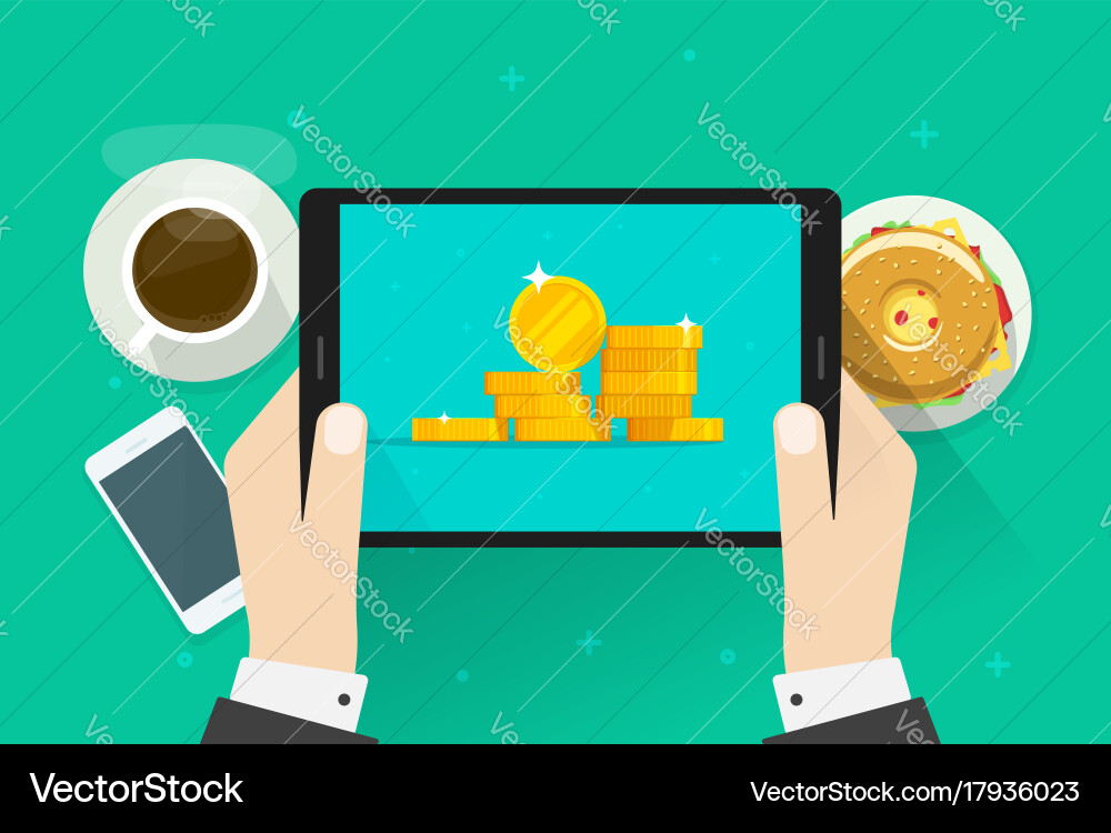 Money on tablet flat cartoon Royalty Free Vector Image
