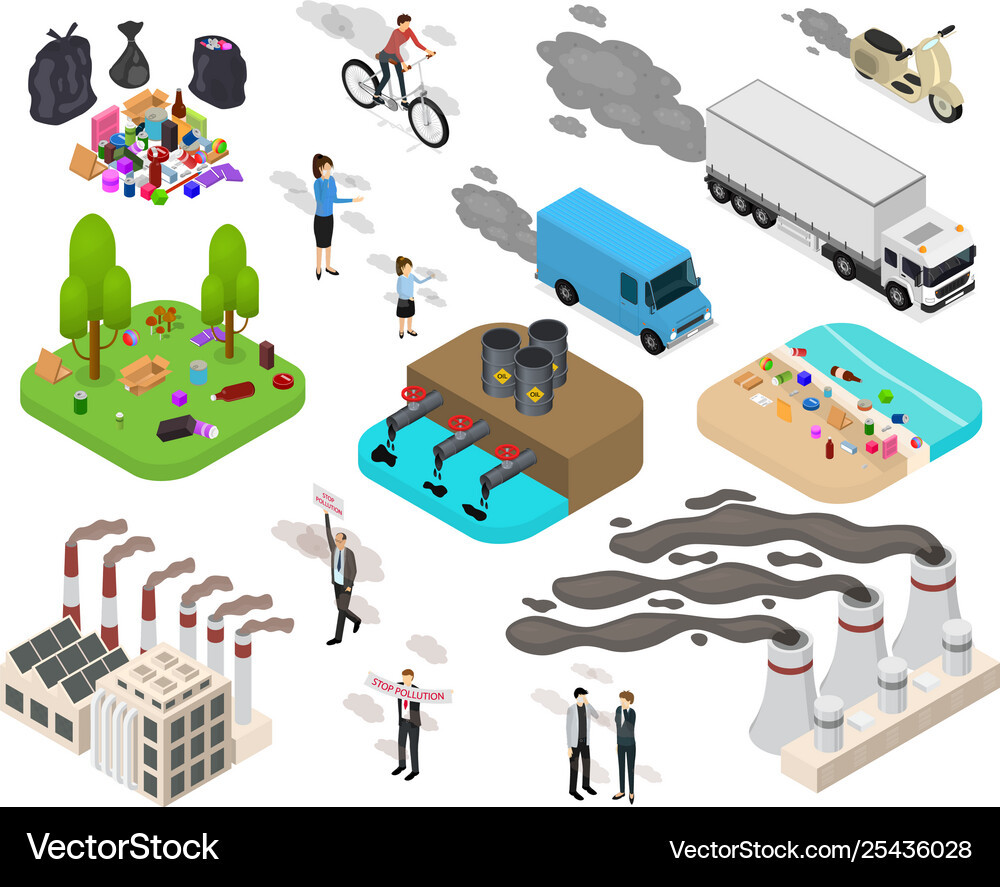 Ecology pollution sign 3d icon set isometric view Vector Image