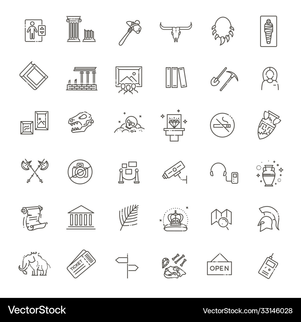 Museum icons set exhibits collection Royalty Free Vector