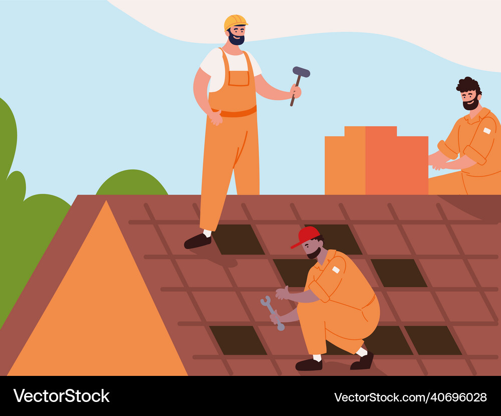 Workers repair a roof Royalty Free Vector Image