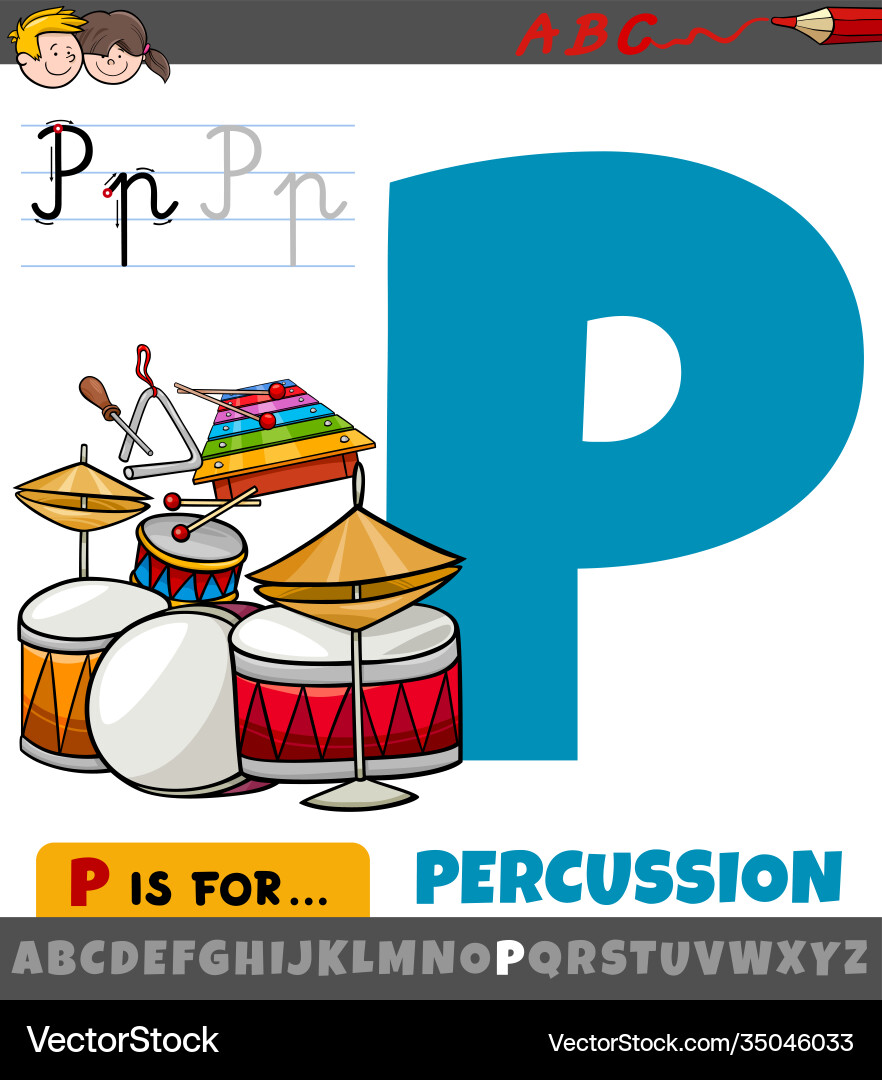 Letter p from alphabet with percussion musical Vector Image