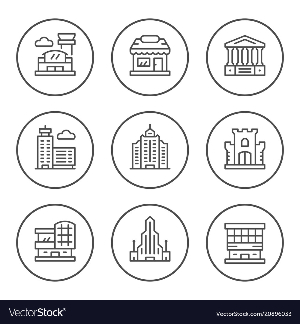 Set round line icons buildings Royalty Free Vector Image