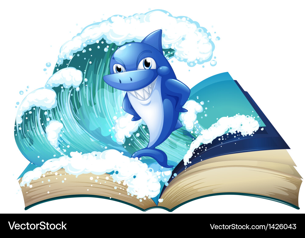 A book with high wave and big shark Royalty Free Vector