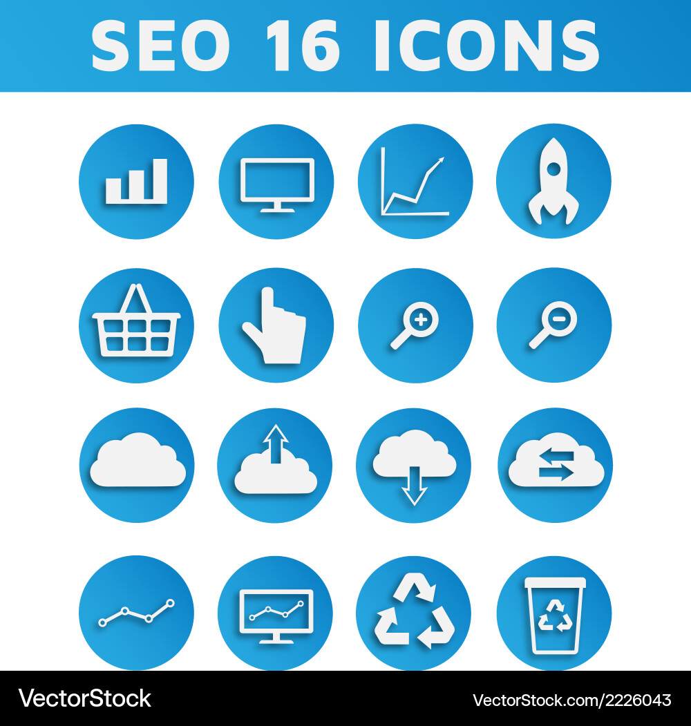 Blue seo business icons set with computer graph Vector Image