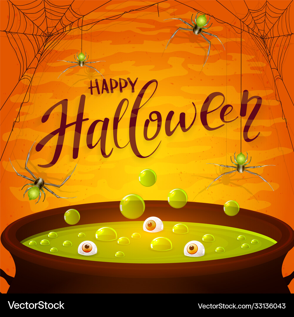 Halloween cauldron with green potion and spiders Vector Image