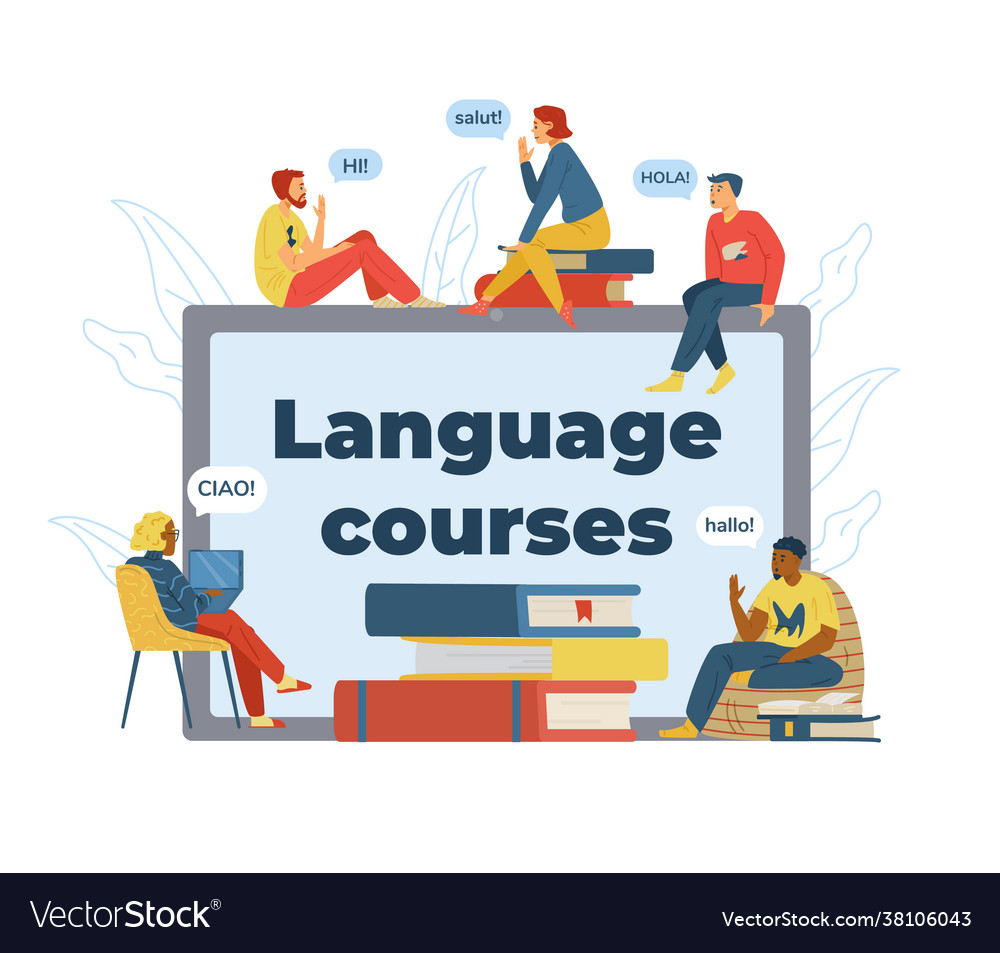 Language courses banner with people and tablet Vector Image