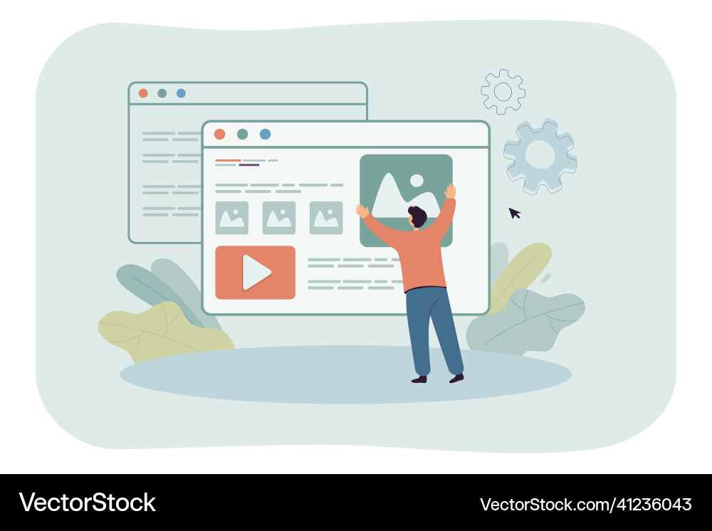 Male cartoon content creator publishing new post Vector Image
