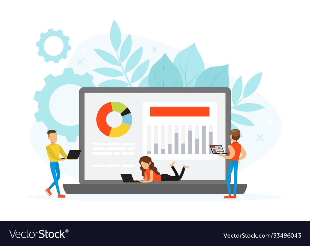 Tiny people working with laptop computers Vector Image
