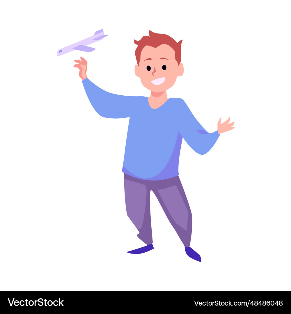 Happy smiling child boy with paper plane flat Vector Image