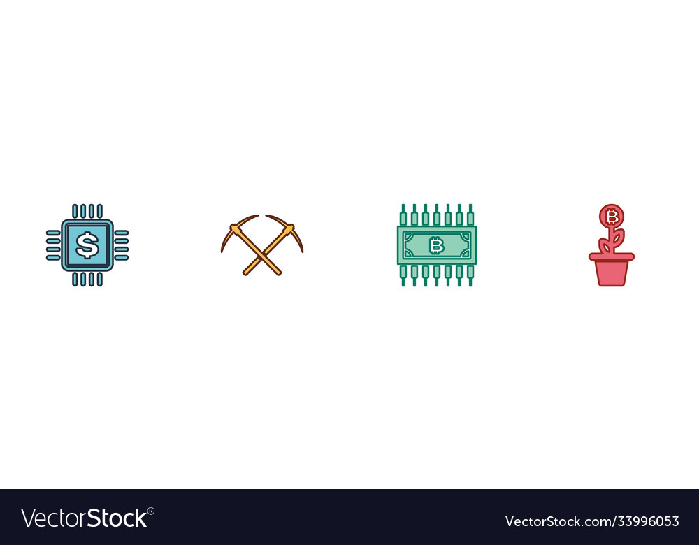 Set processor chip with dollar crossed pickaxe Vector Image