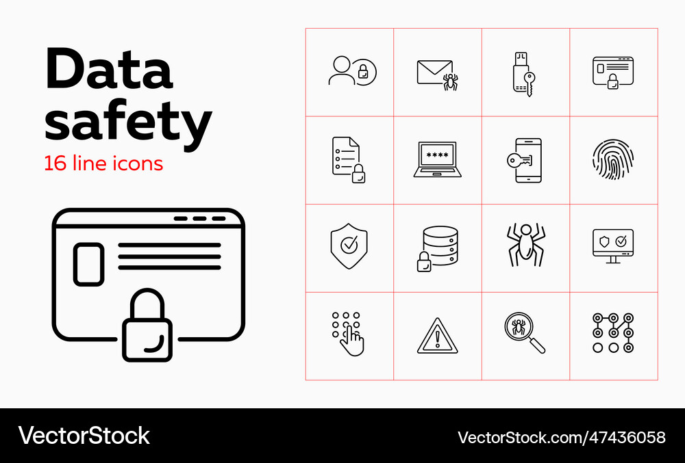 Data safety line icon set spider fingerprint Vector Image