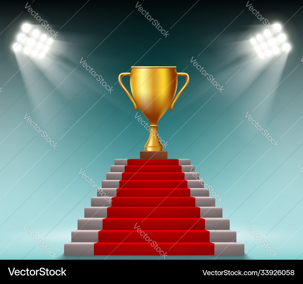 Gold cup winner standing on stairs Royalty Free Vector Image