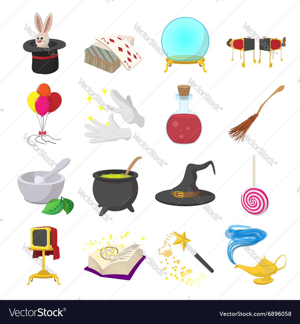 Magic cartoon icons set Royalty Free Vector Image