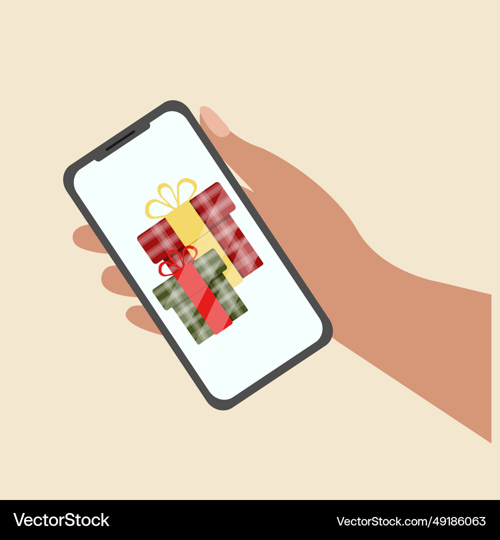 Hand holding smartphone with gift box on screen Vector Image