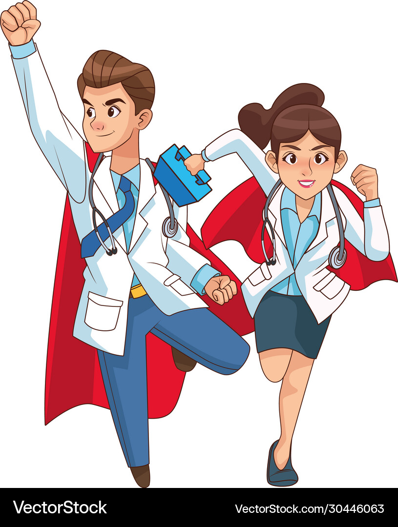 Super doctors couple comic characters Royalty Free Vector