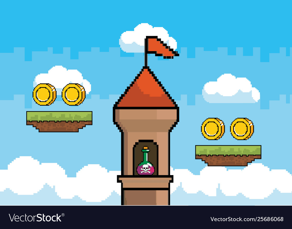 Arcade game world and pixel scene design Vector Image