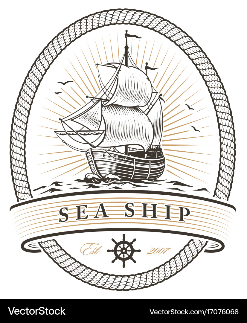 Vintage sea ship emblem Royalty Free Vector Image