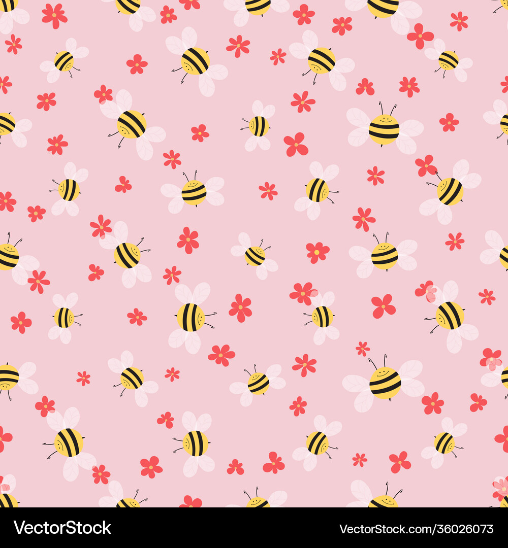Seamless pattern with bees and flowers on color Vector Image