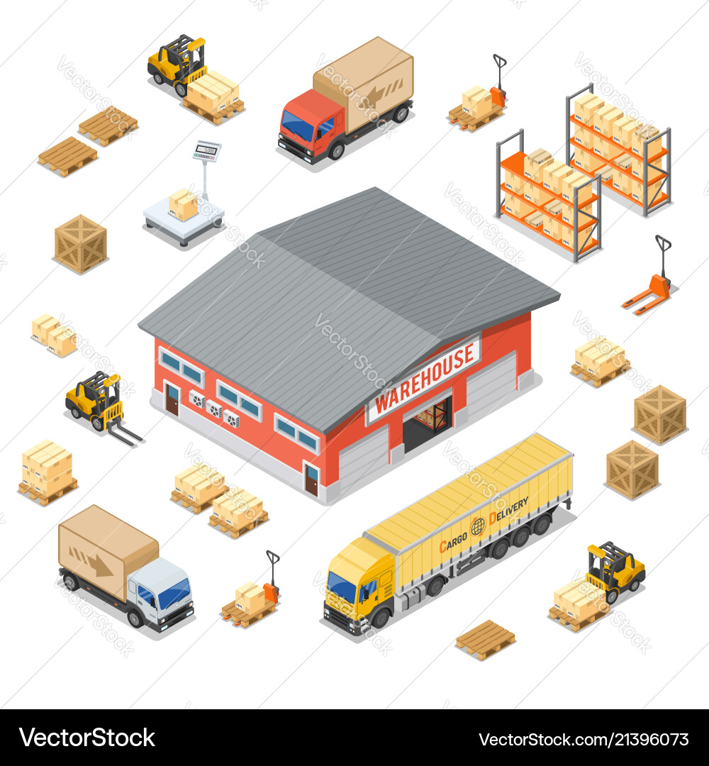 Warehouse storage and delivery isometric icons set