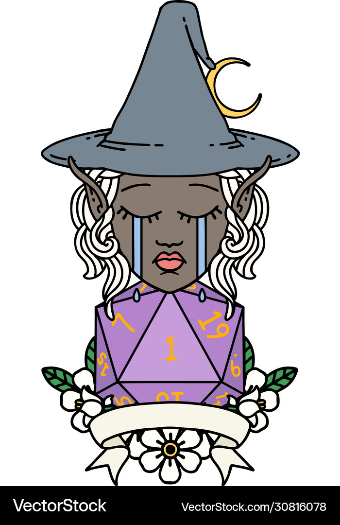 Crying elf mage character with natural one dice Vector Image