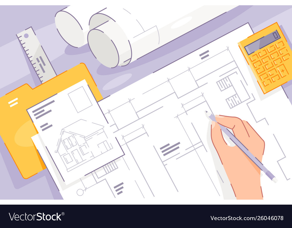 Flat hand with development drawing project of Vector Image