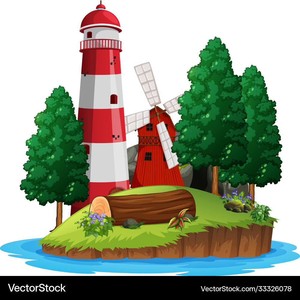 Scene with lighthouse and windmill on white Vector Image
