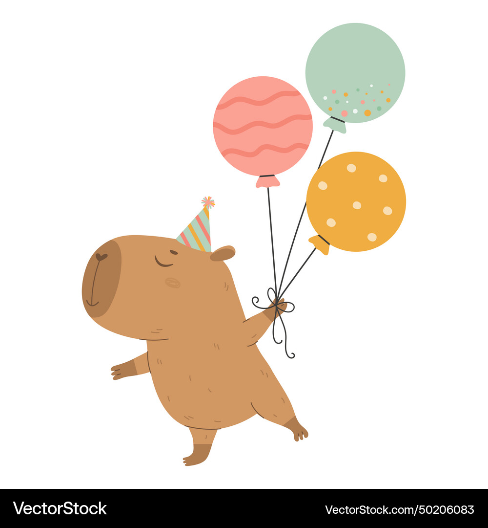 Funny happy capybara with balloons Royalty Free Vector Image
