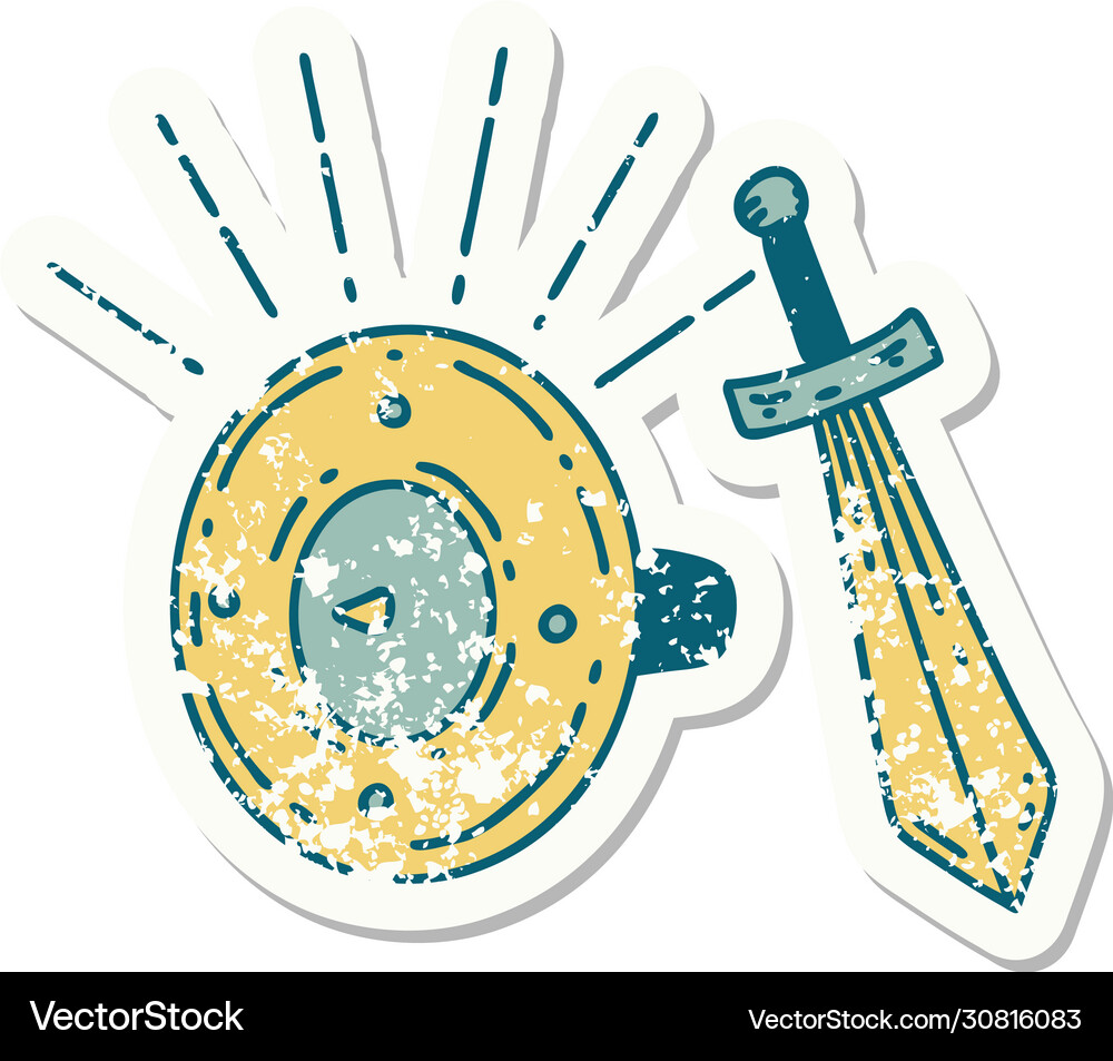 Grunge sticker tattoo style shield and sword Vector Image