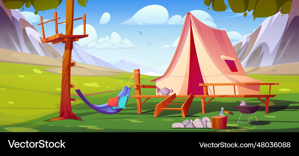 Camp tent and mountain valley landscape background