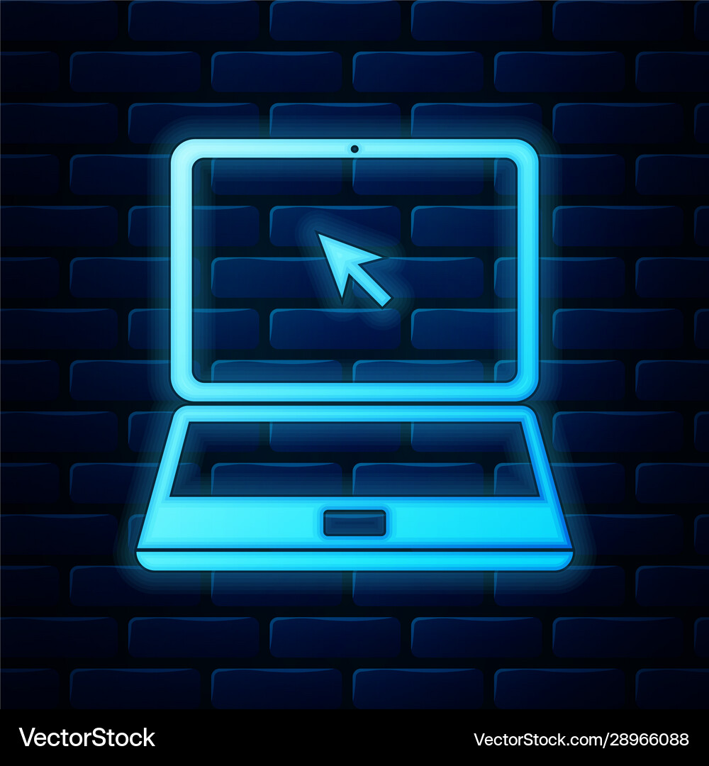 Glowing neon laptop with cursor icon isolated on Vector Image