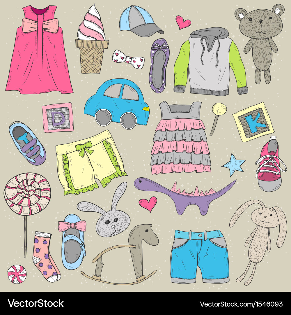 Children clothes and toys design elements set Vector Image