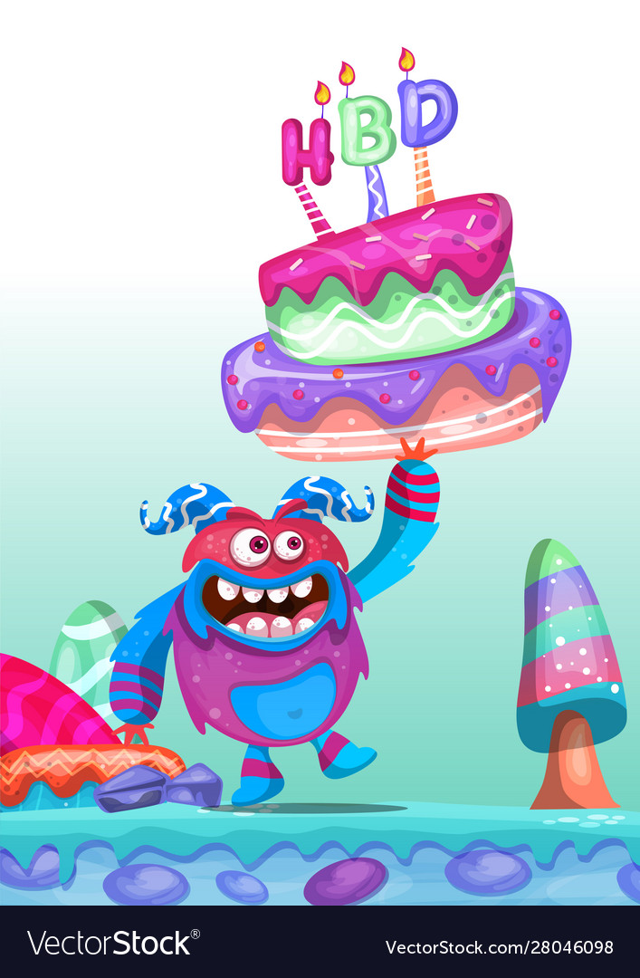 Happy birthday card with cute monster cartoons Vector Image